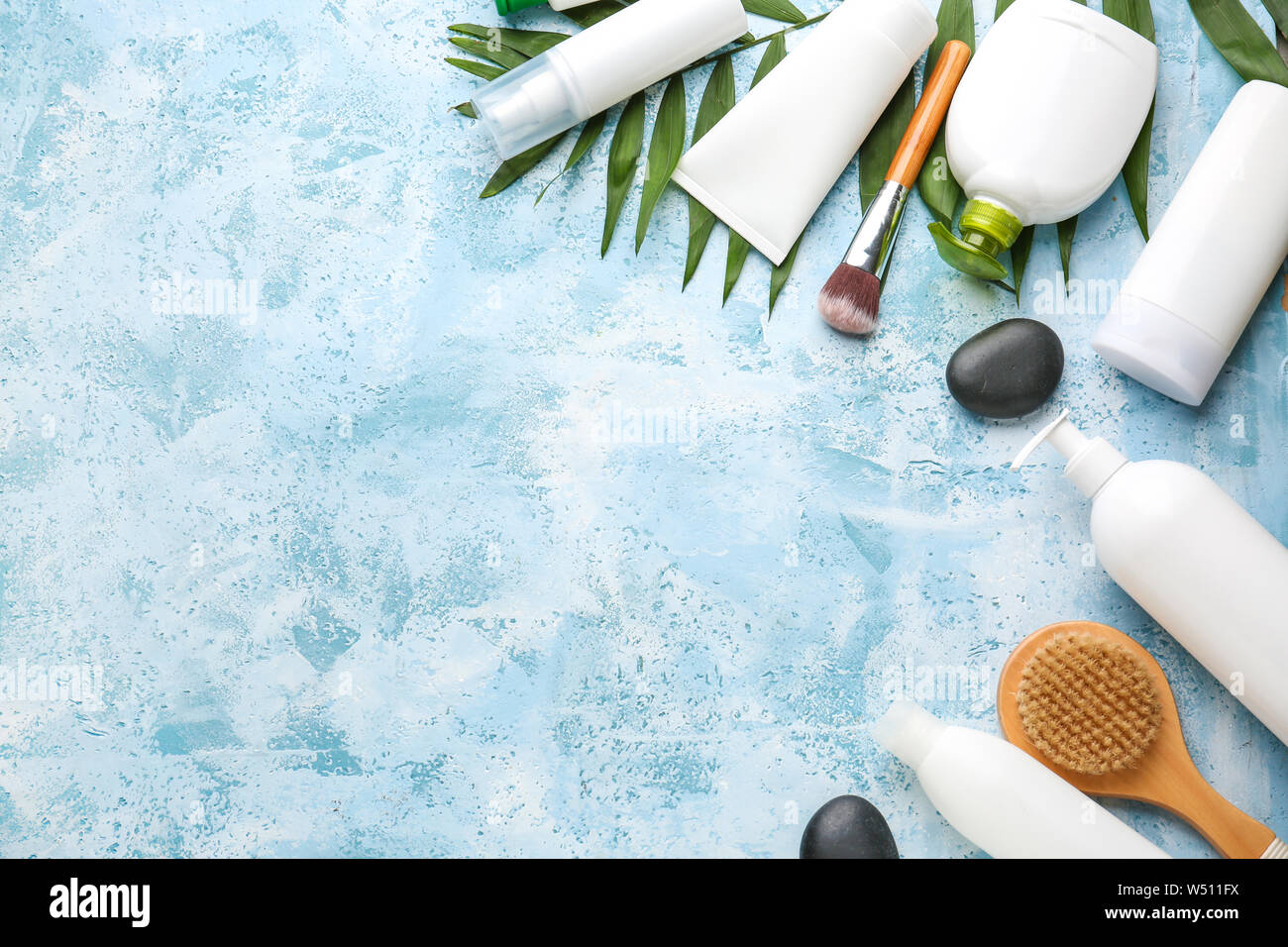 Set of cosmetic products on color background Stock Photo - Alamy