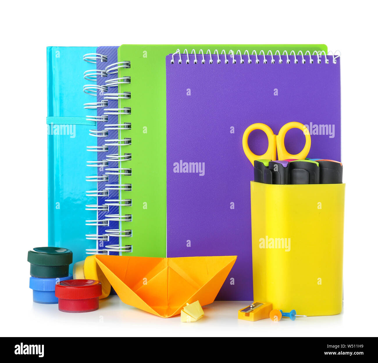 Set of school supplies on white background Stock Photo - Alamy