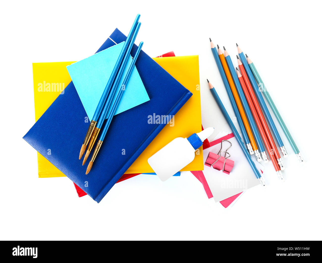 Set of school supplies on white background Stock Photo - Alamy