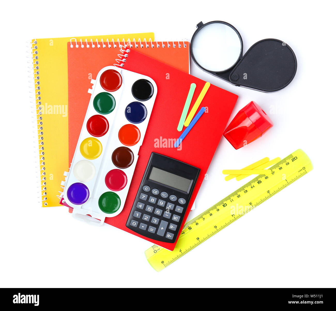 Set of school supplies on white background Stock Photo - Alamy