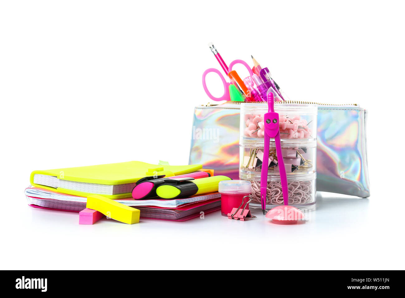Set of school supplies on white background Stock Photo - Alamy