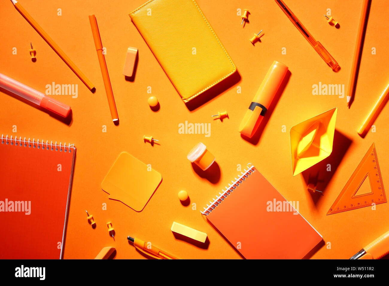 Set of school supplies on color background Stock Photo - Alamy