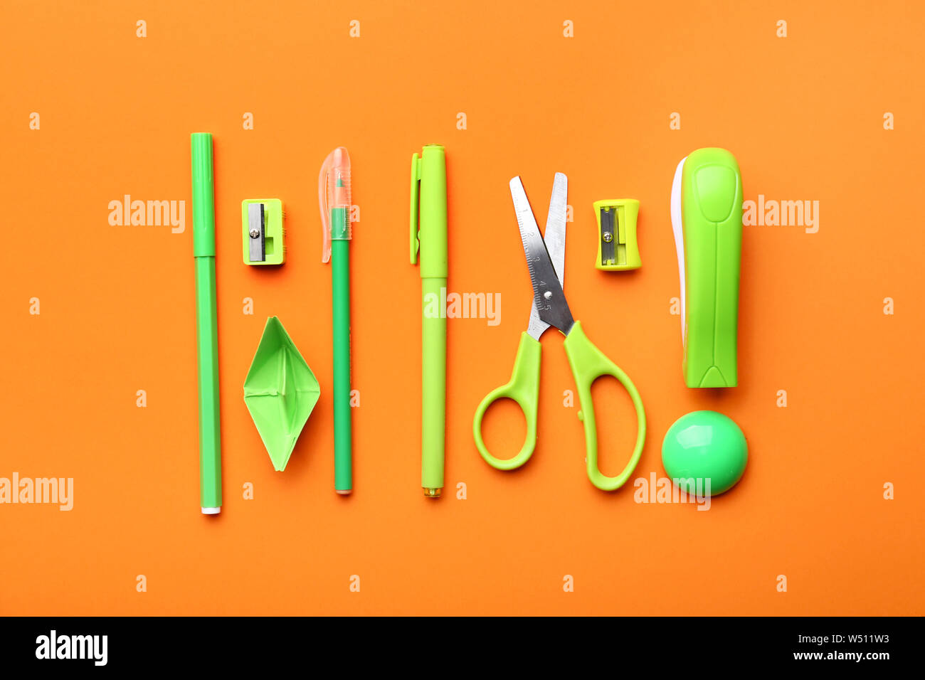 Set of school supplies on color background Stock Photo - Alamy