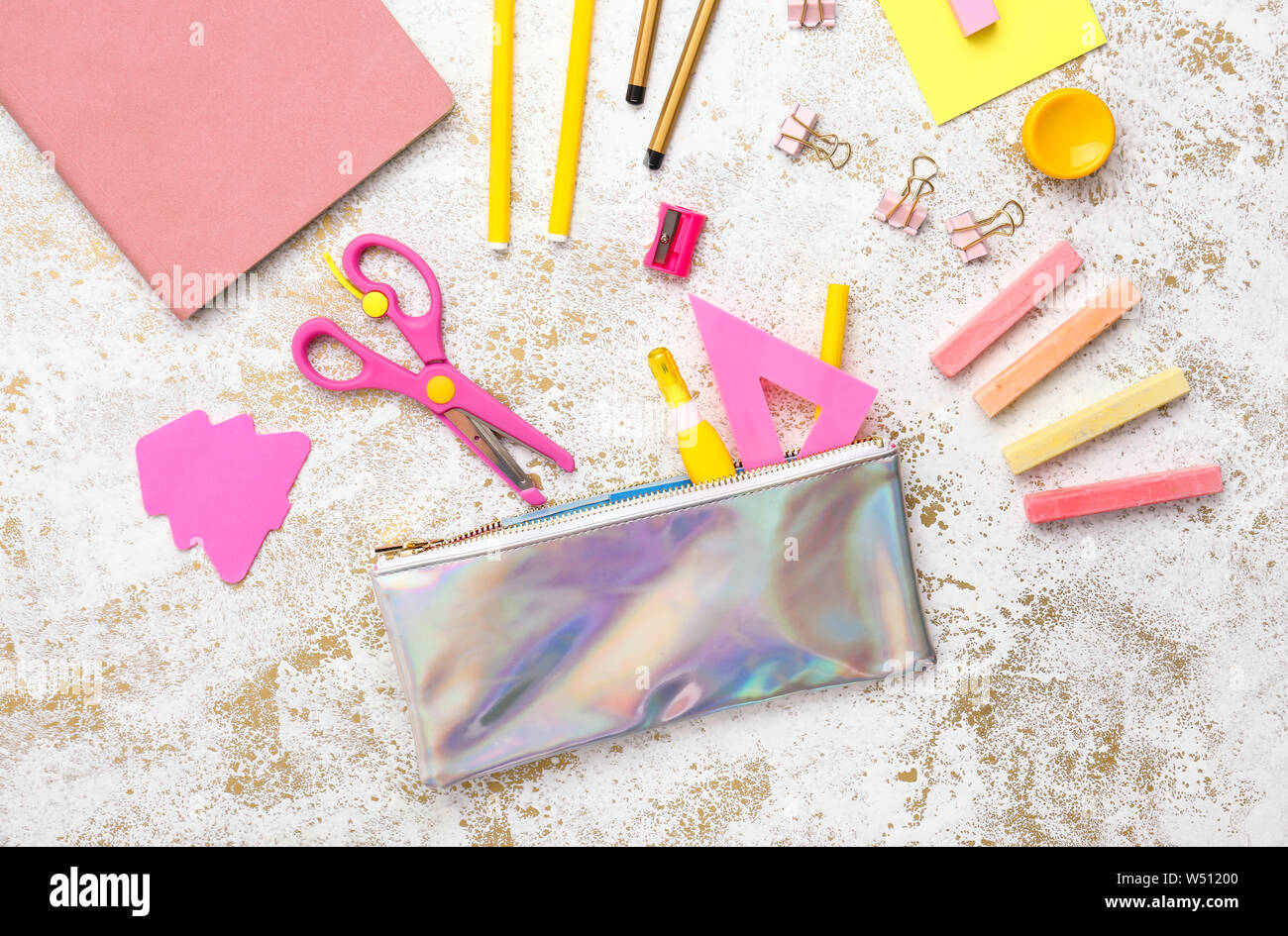 Set of school supplies on light background Stock Photo - Alamy