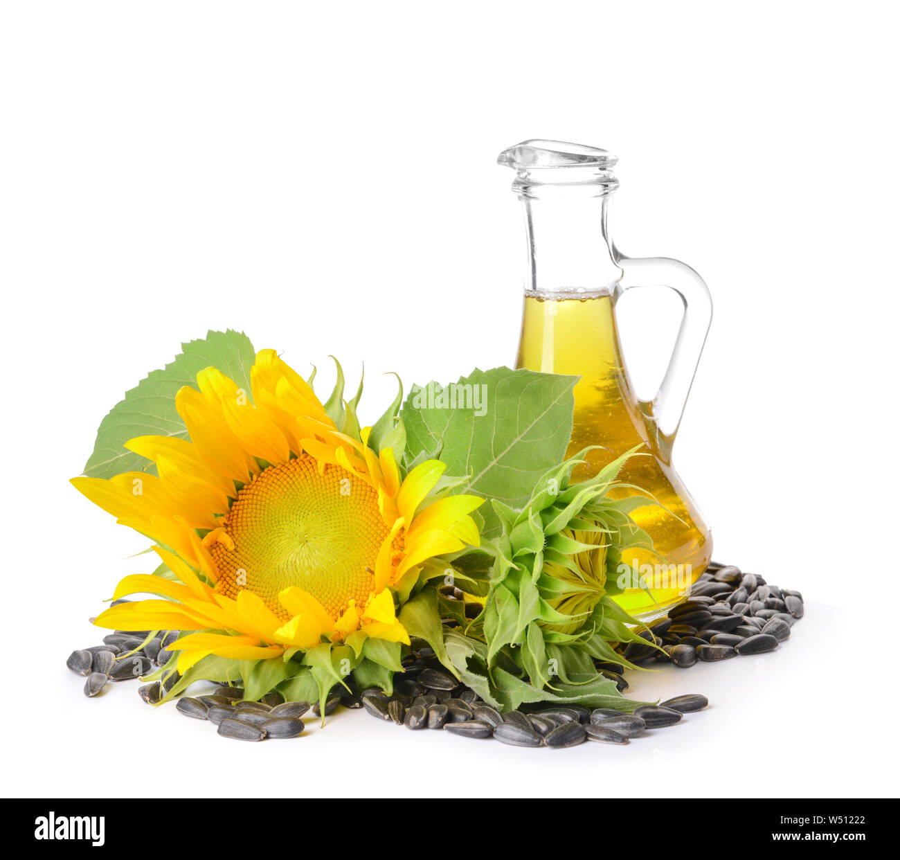 Composition with sunflower oil on white background Stock Photo - Alamy