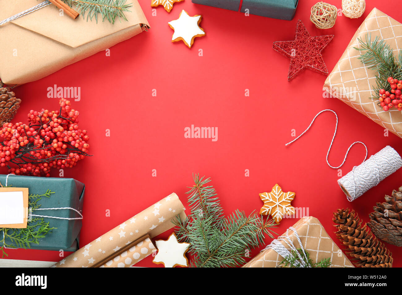 Frame made of beautiful Christmas gift boxes on color background Stock ...