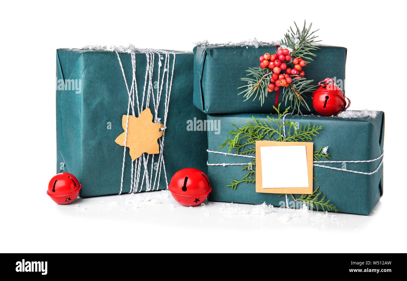 Beautiful Christmas gift boxes on white background Stock Photo - Alamy