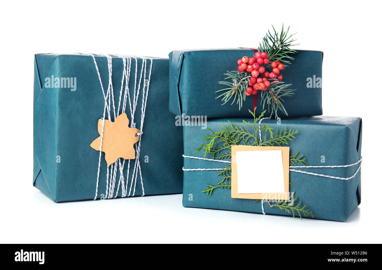 Beautiful Christmas gift boxes on white background Stock Photo - Alamy