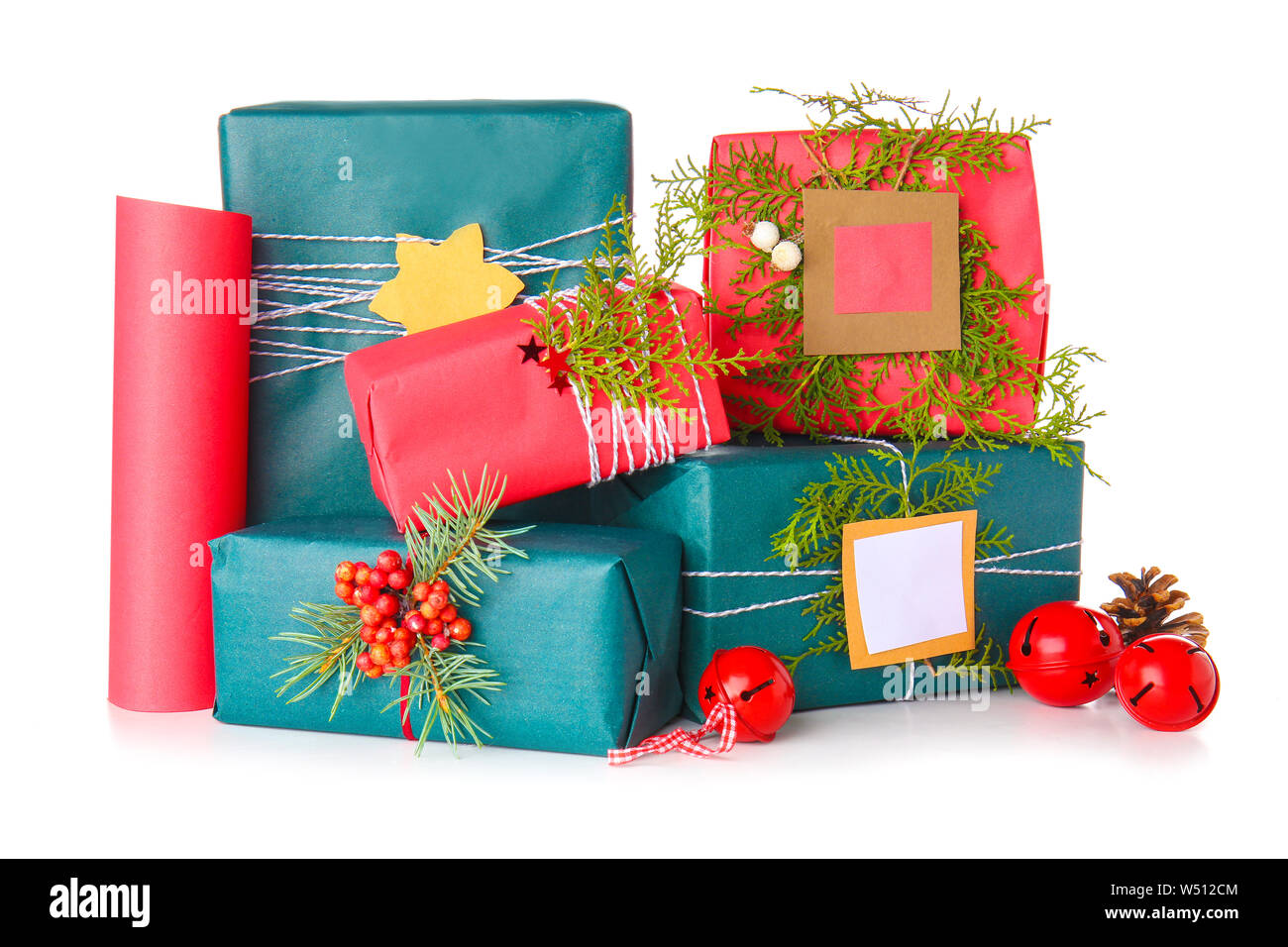 Beautiful Christmas gift boxes on white background Stock Photo - Alamy