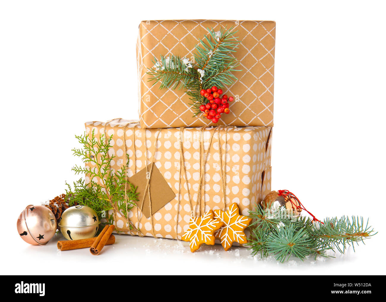 Beautiful Christmas gift boxes on white background Stock Photo - Alamy