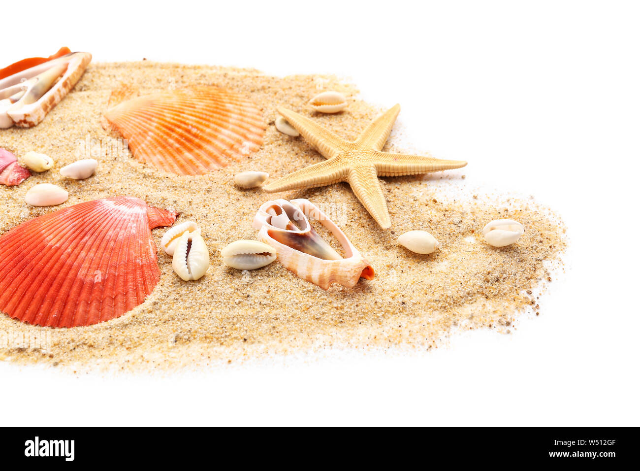 Beautiful sea shells, starfish and sand on white background Stock Photo ...