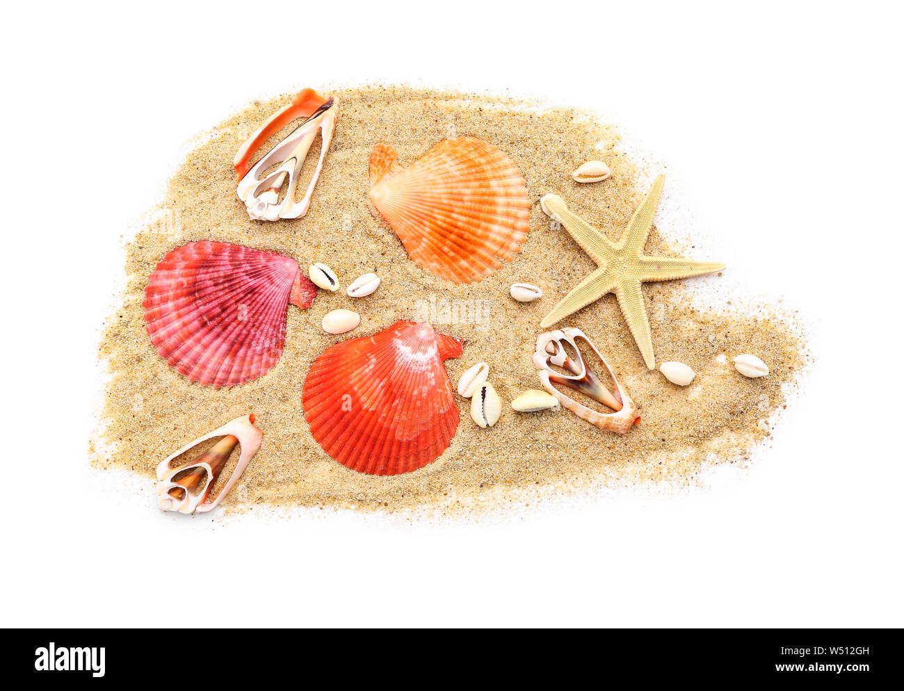 Beautiful sea shells, starfish and sand on white background Stock Photo ...