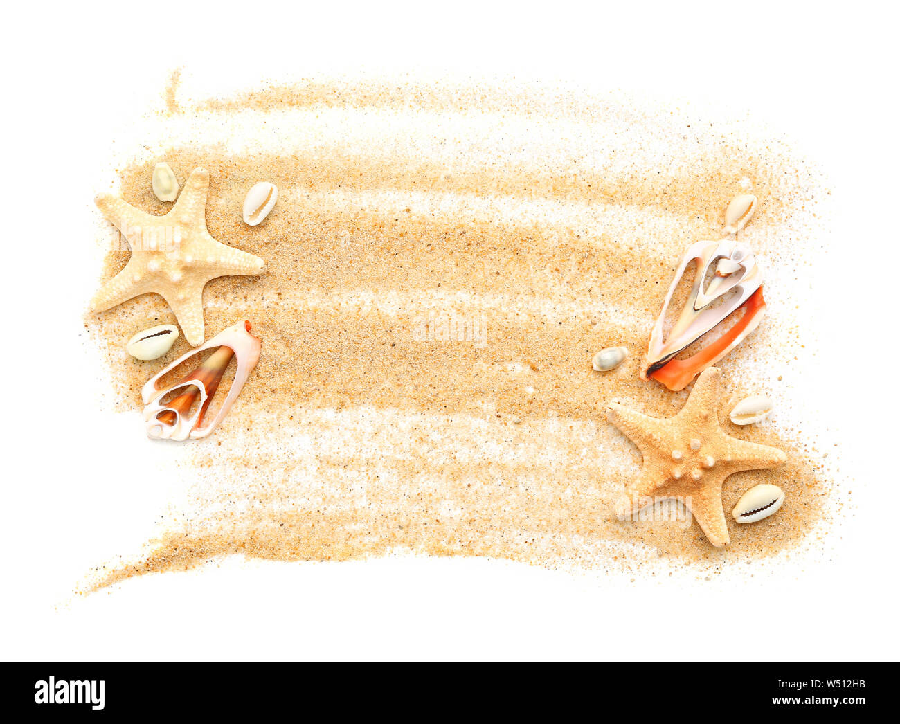 Beautiful sea shells, starfish and sand on white background Stock Photo ...