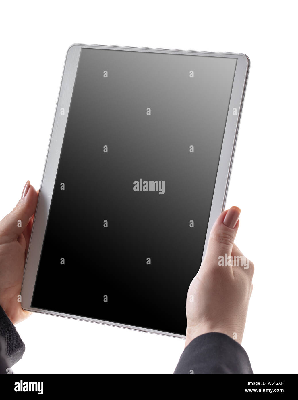 woman holds tablet in hands on white isolated background Stock Photo ...