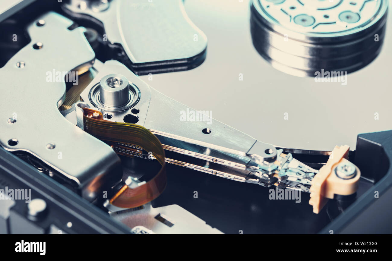 disassembled computer hard drive close-up, electronic background Stock ...