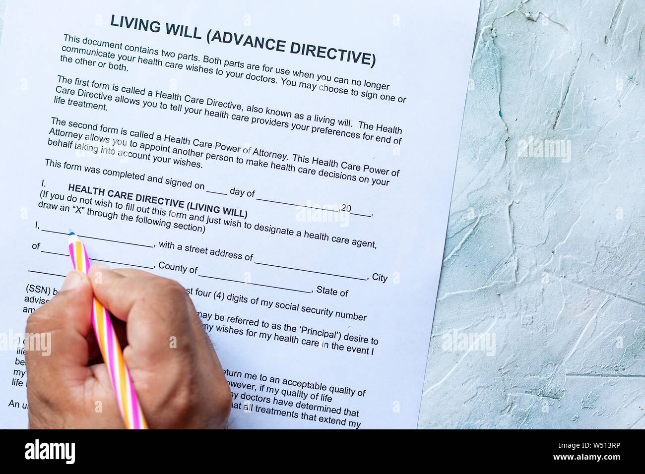 Filling Living Will Advance Directive form. Top view Stock Photo - Alamy