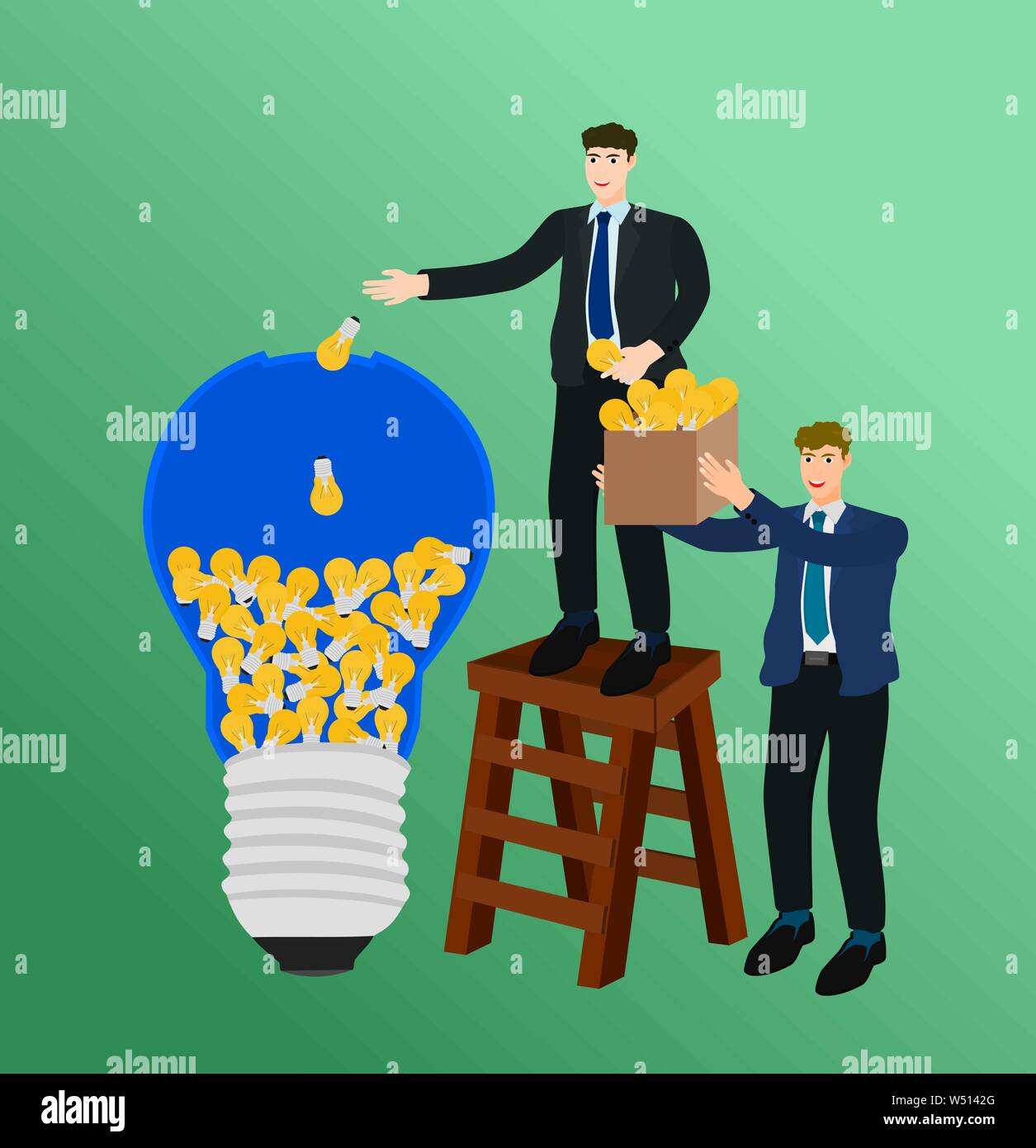 Two businessman holding and putting idea to big light bulb , teamwork ...