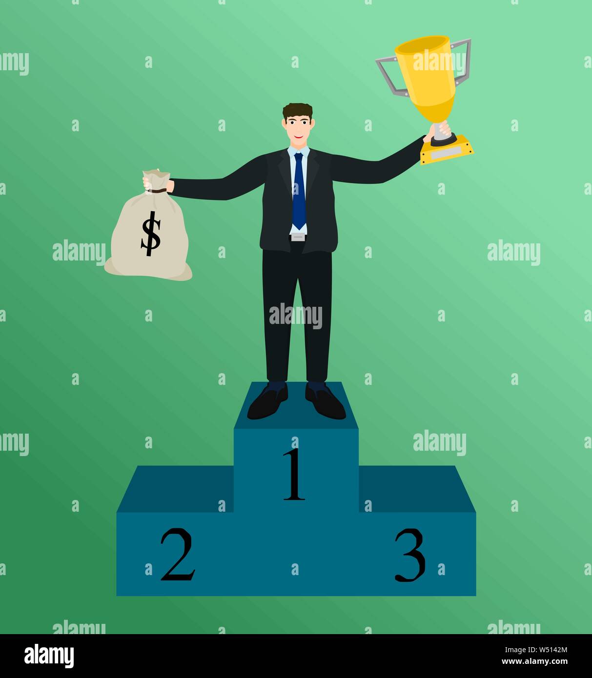 Winner Businessman Standing On Podium Holding Trophy Cup And Money Bag