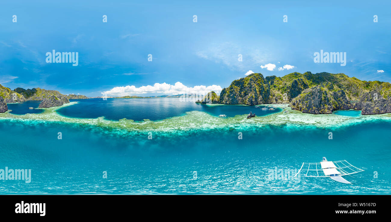 Epic aerial spherical panorama of blue lagoons and limestone cliffs of ...