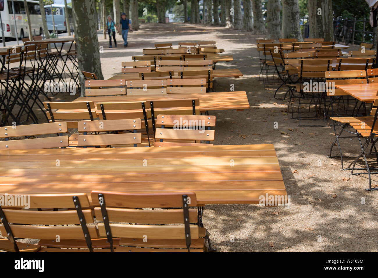Wooden Cafe Tables and Chairs; Frankfurt; Germany Stock Photo - Alamy