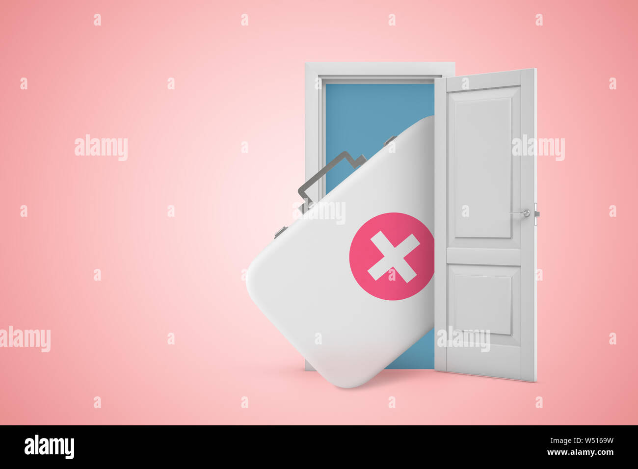 3d rendering of first aid medical kit in white open doorway on light ...