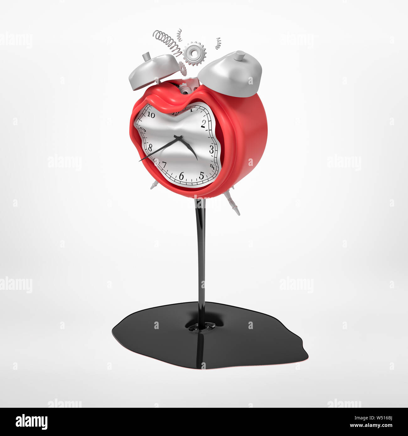 3d rendering of damaged silver red alarm clock with black thick liquid ...
