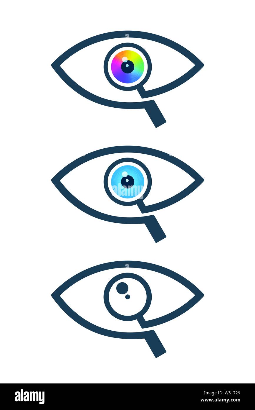 Magnifying glass and eyes with eyeballs on white background. Vision ...