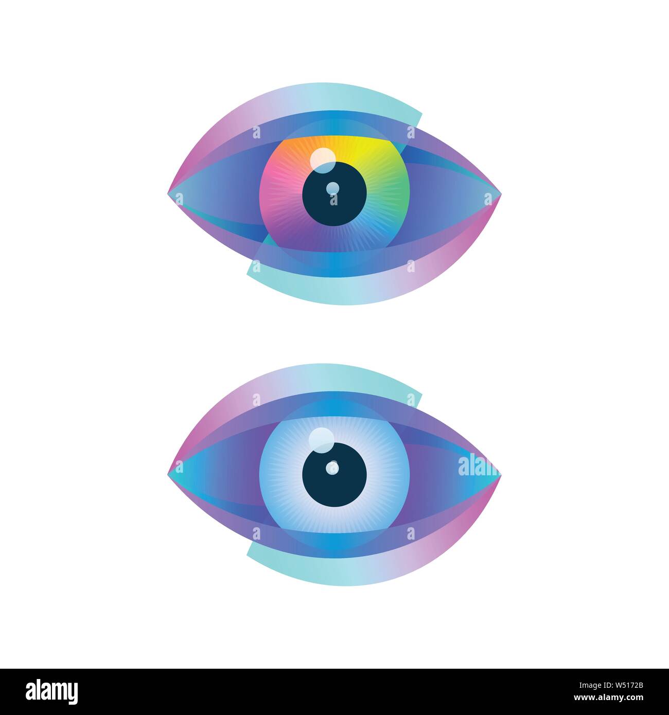 Digital optical symbols with colorful eyeballs on white background ...