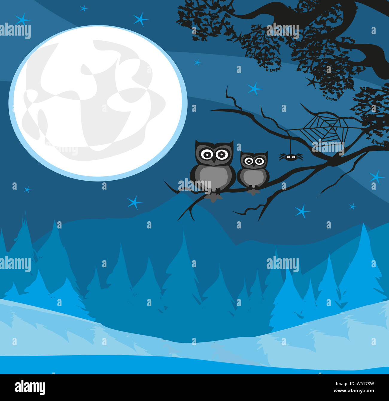 cute Halloween illustration with full Moon and owls Stock Photo - Alamy