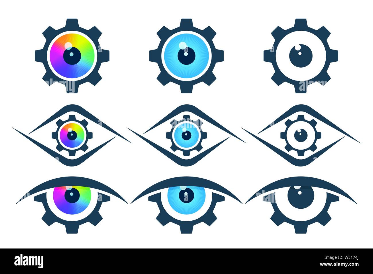 Gear icons with eyeball on white background. Vision vector icons Stock ...