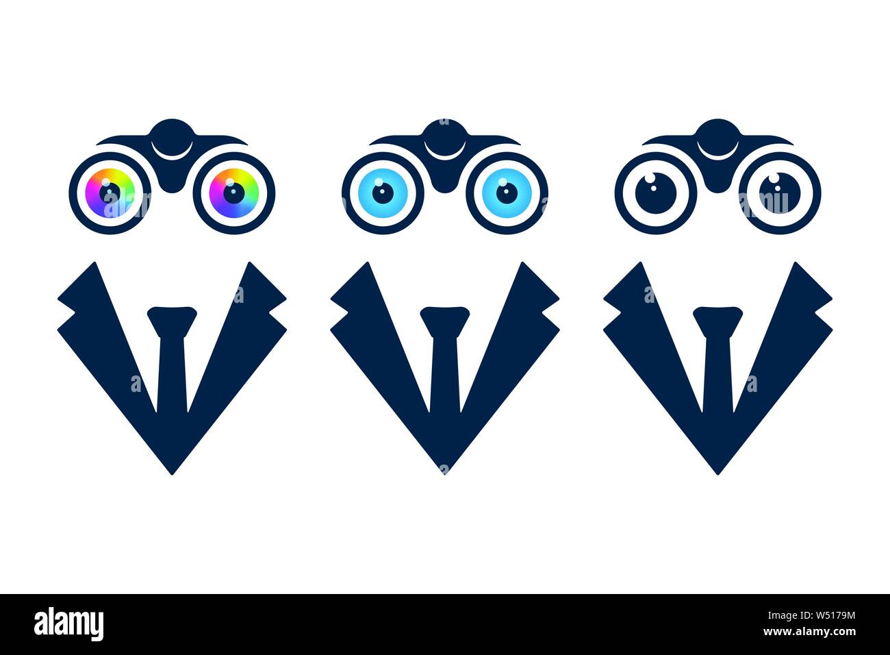 Businessman, binoculars and eyeball symbols on white background. Vision ...