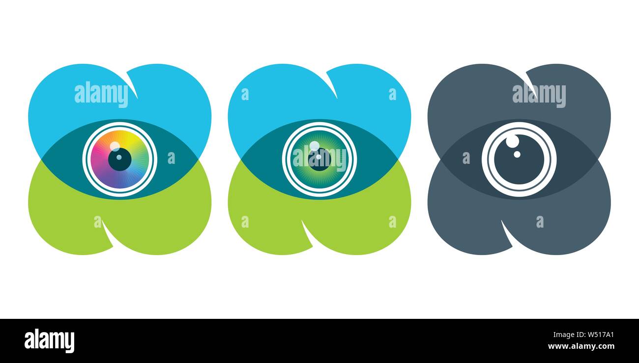Colorful eyeballs on overlapping heart symbols. Vision vector icons ...