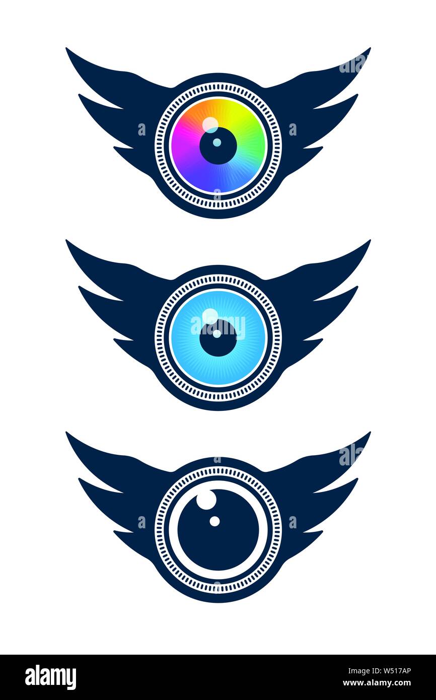 Eye, wing, and camera lens symbols on white background. Vision and ...