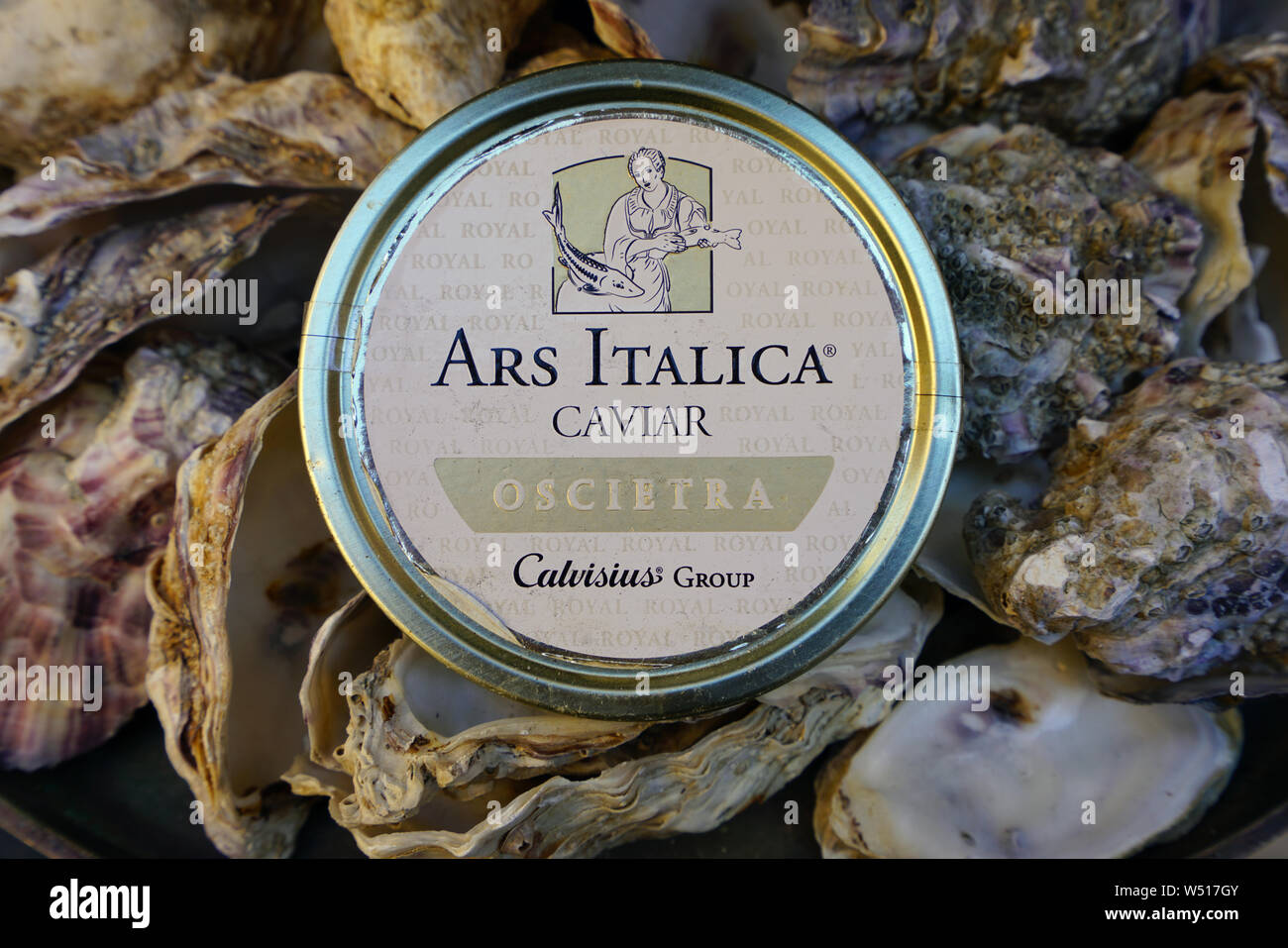 LUCCA, ITALY -30 SEP 2018- Colorful tins of Ars Italica Italian caviar ...