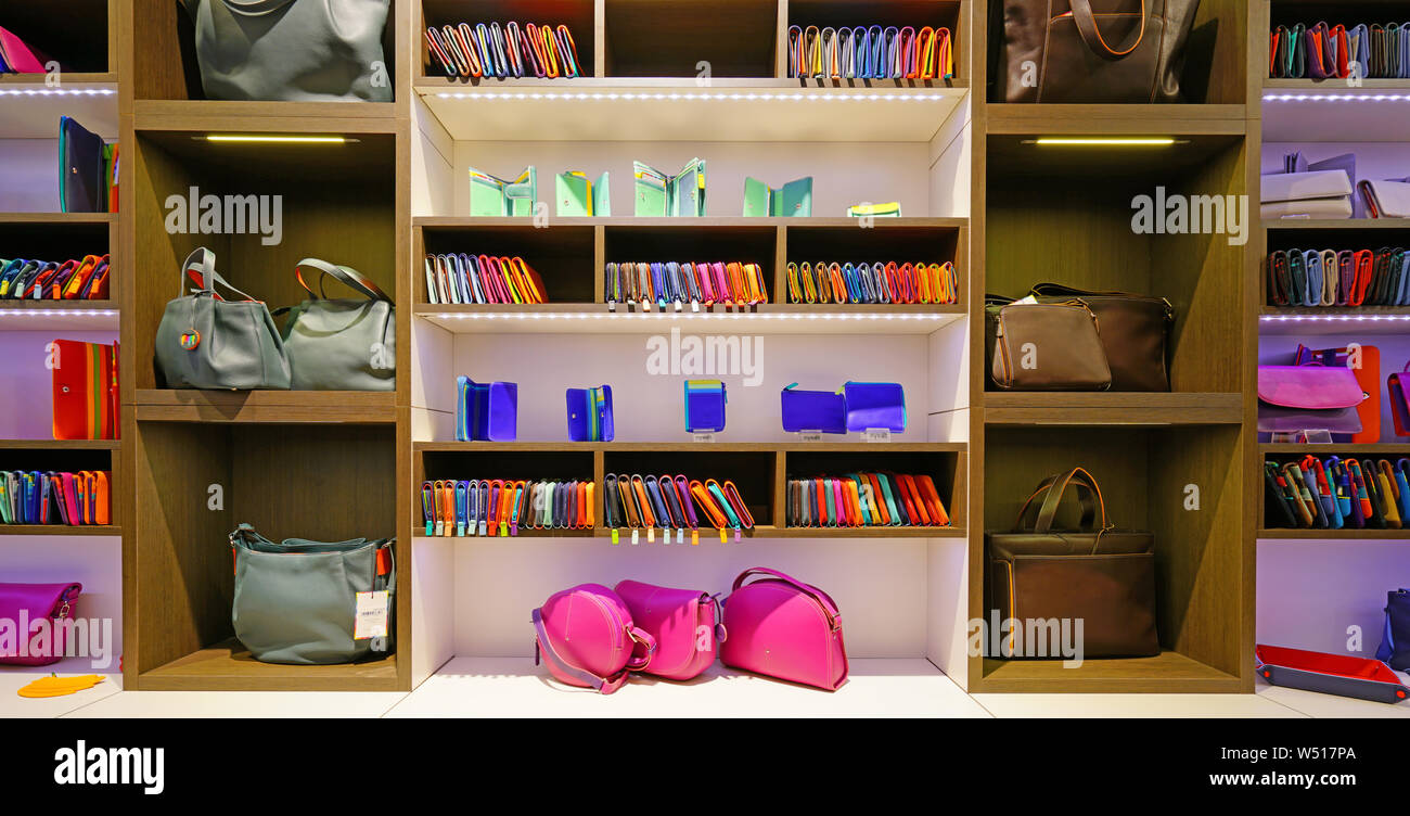 LUCCA, ITALY -30 SEP 2018- View of colorful leather goods in a MyWalit ...