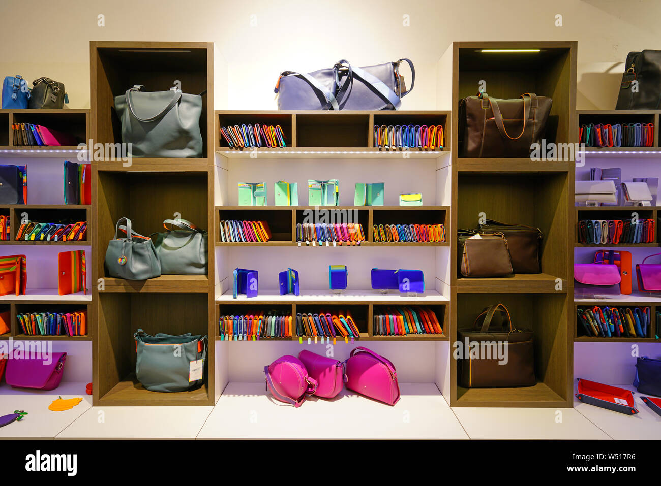 LUCCA, ITALY -30 SEP 2018- View of colorful leather goods in a MyWalit ...