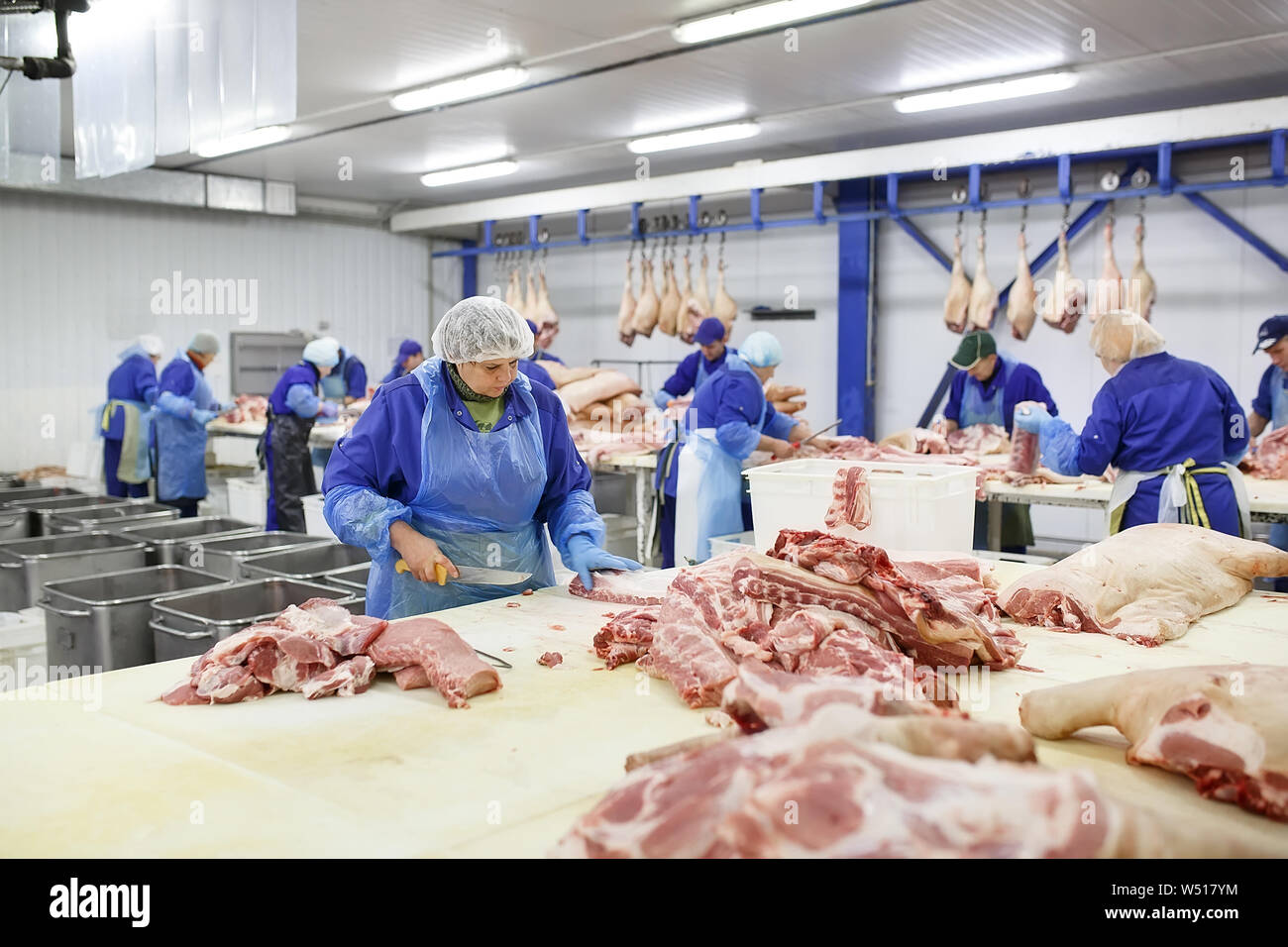 Cutting meat in slaughterhouse. The meat and sausage factory Stock ...