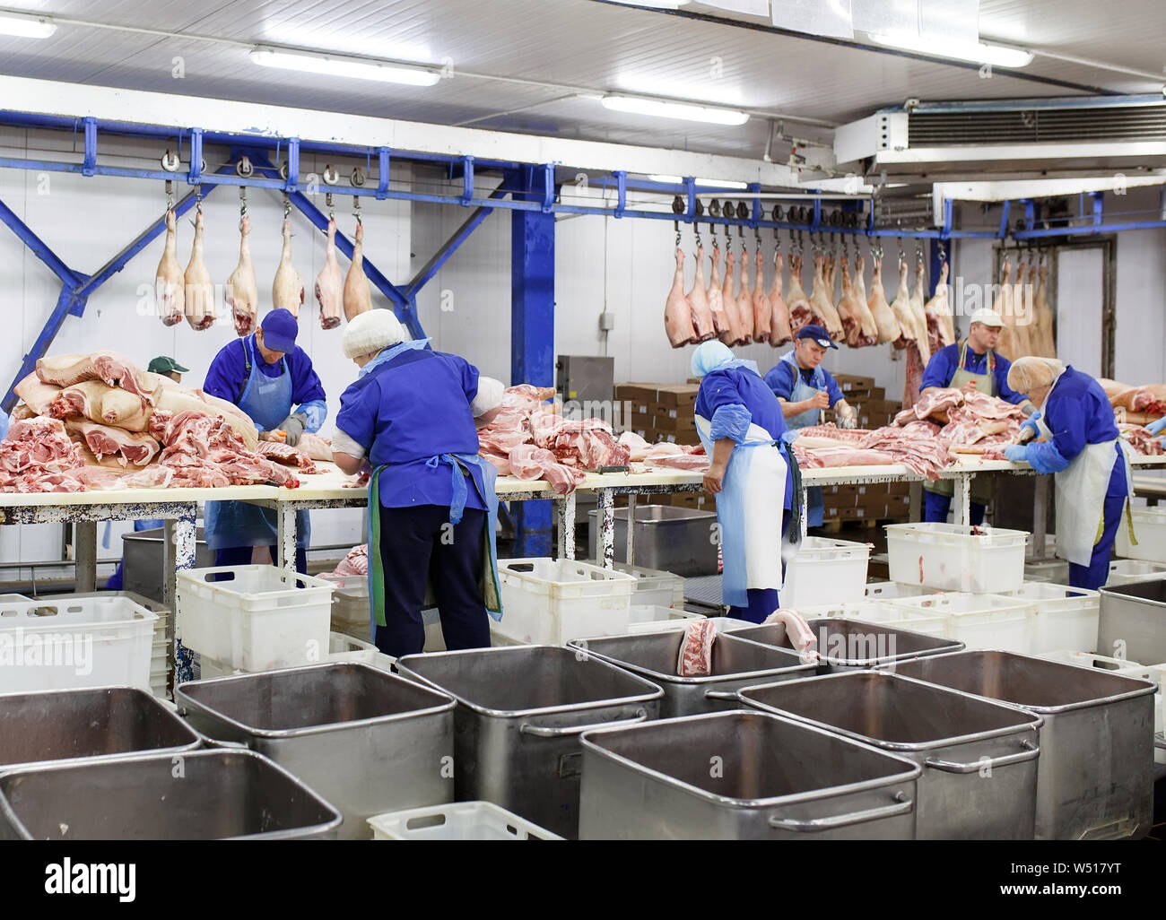 Cutting meat in slaughterhouse. The meat and sausage factory Stock ...