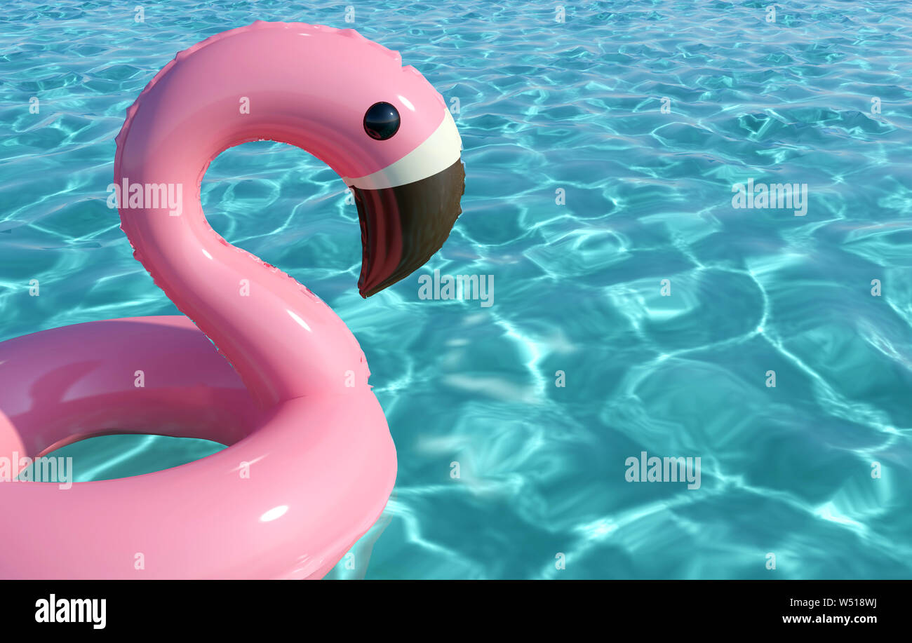 Pink inflatable flamingo pool flat in a swimming pool. 3D Render Stock ...