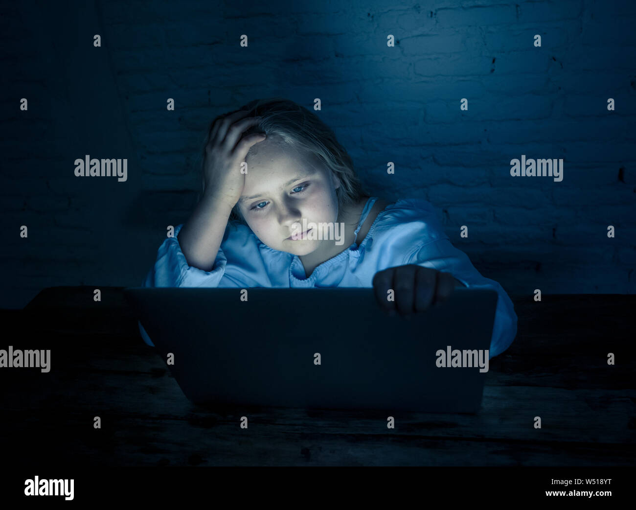 Scared sad girl bullied online on laptop suffering cyber bullying ...