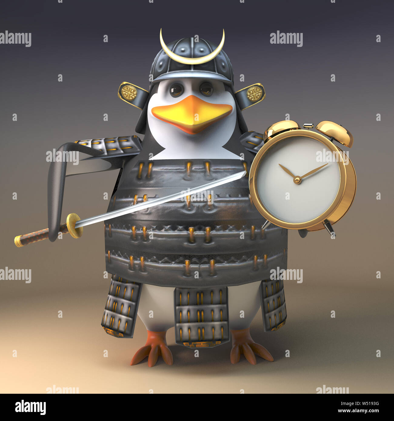 Penguin samurai warrior 3d character points his katana sword at his ...
