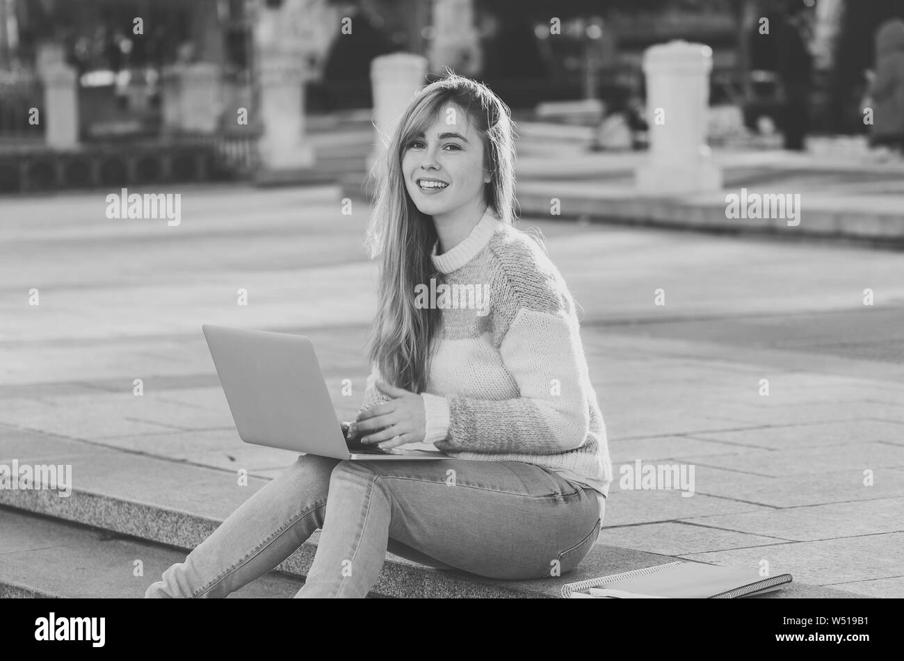 Laptop student stairs Black and White Stock Photos & Images - Alamy