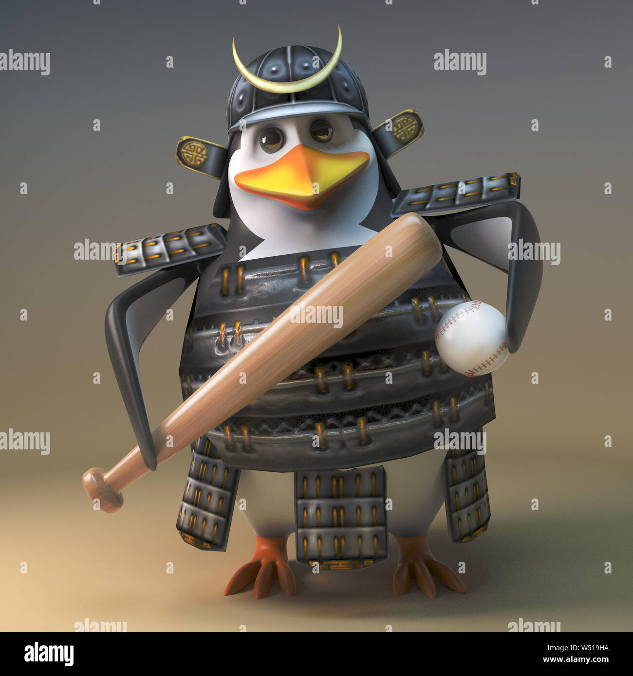 Mighty samurai penguin warrior holding a baseball bat and ball, 3d ...