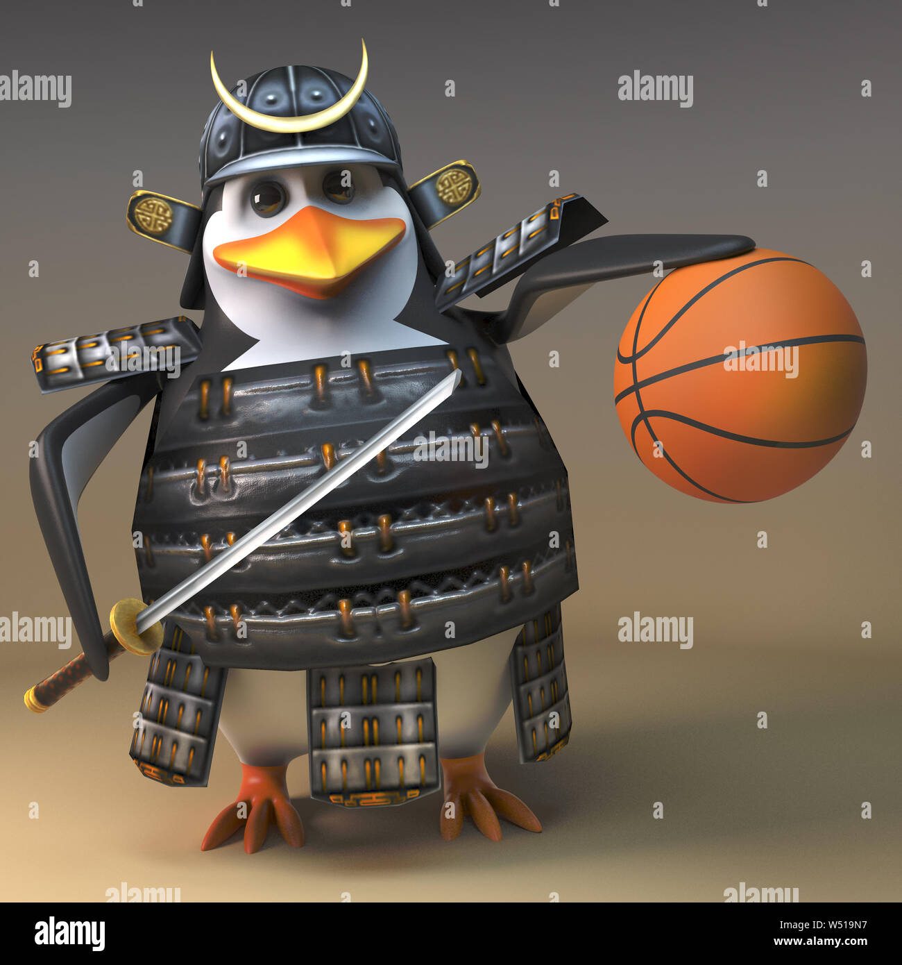 Mighty samurai warrior penguin character holding a basketball and ...