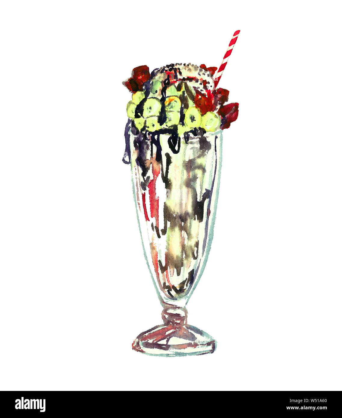 Milkshake with straw and chocolate on the top, watercolor hand painted ...