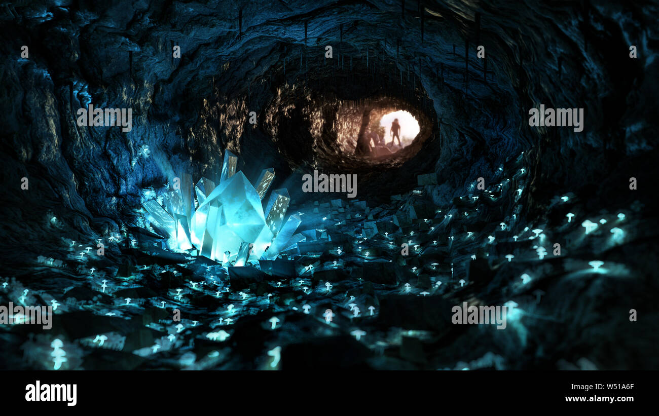 Mysterious blue crystal cave, stimulating adventure concept Stock Photo ...