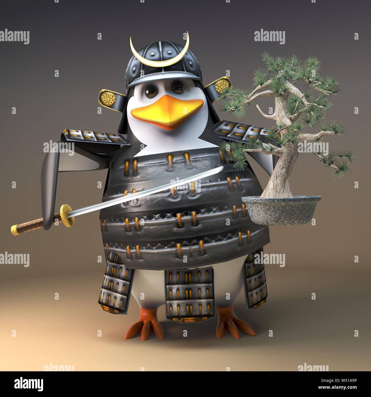 Noble penguin warrior samurai character in 3d holding a bonsai tree and katana sword, 3d ...