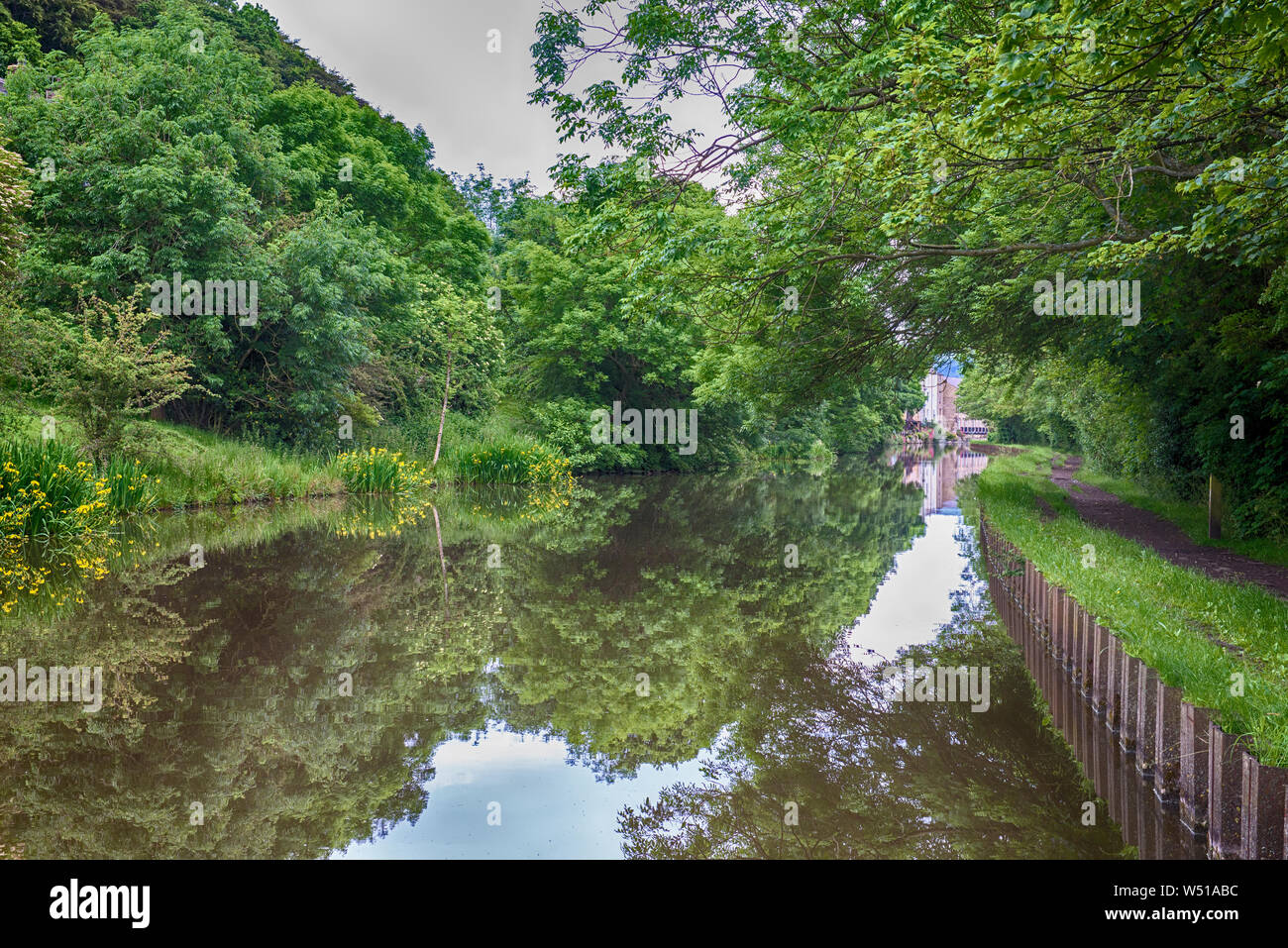 Landscape view of English rural countryside scenery on British waterway ...