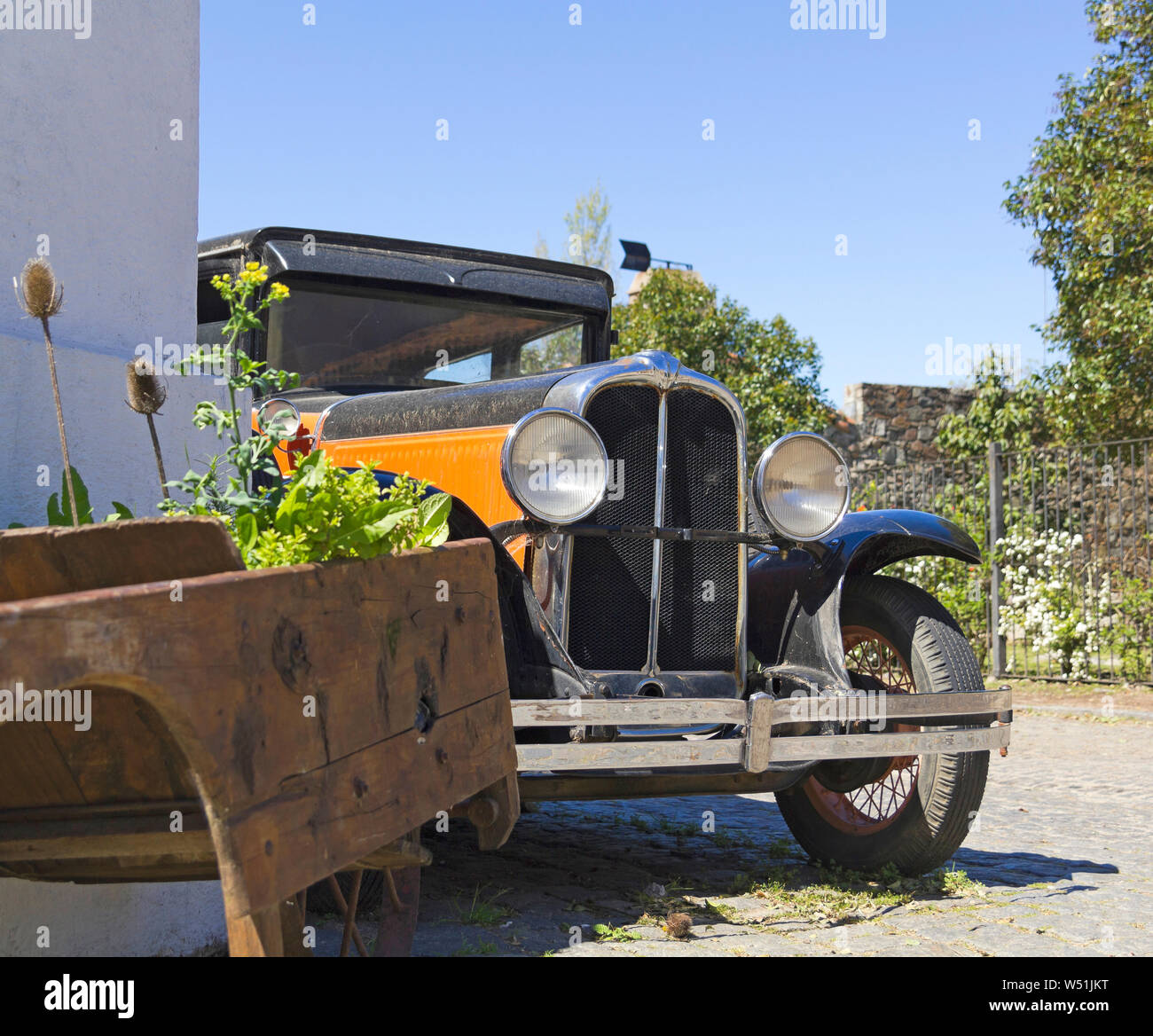 vintage car in Colonia del Sacramento street. Colonial village in ...