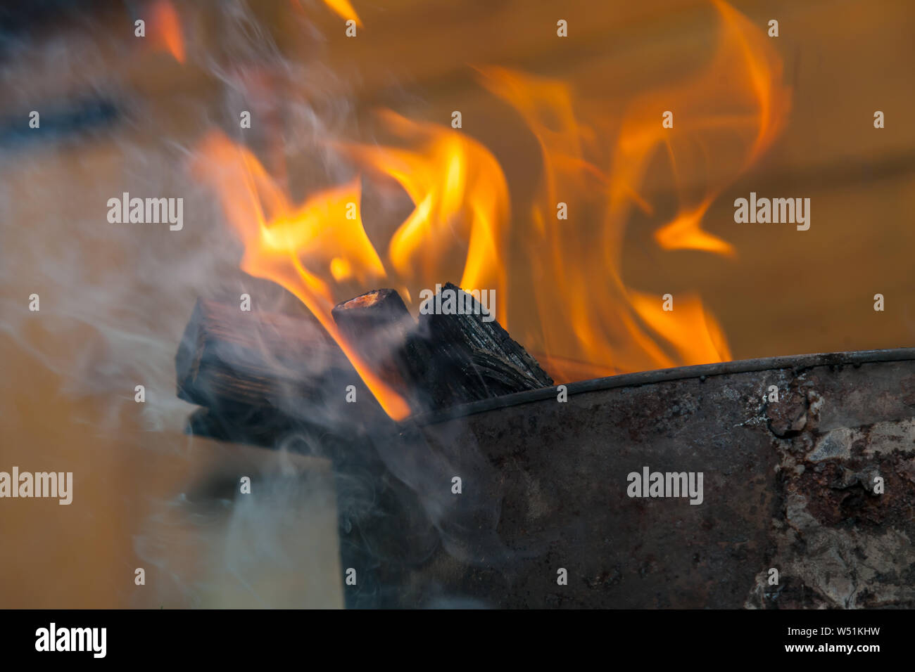 Close-up on a fire during a fire or burning fire on the background of a ...